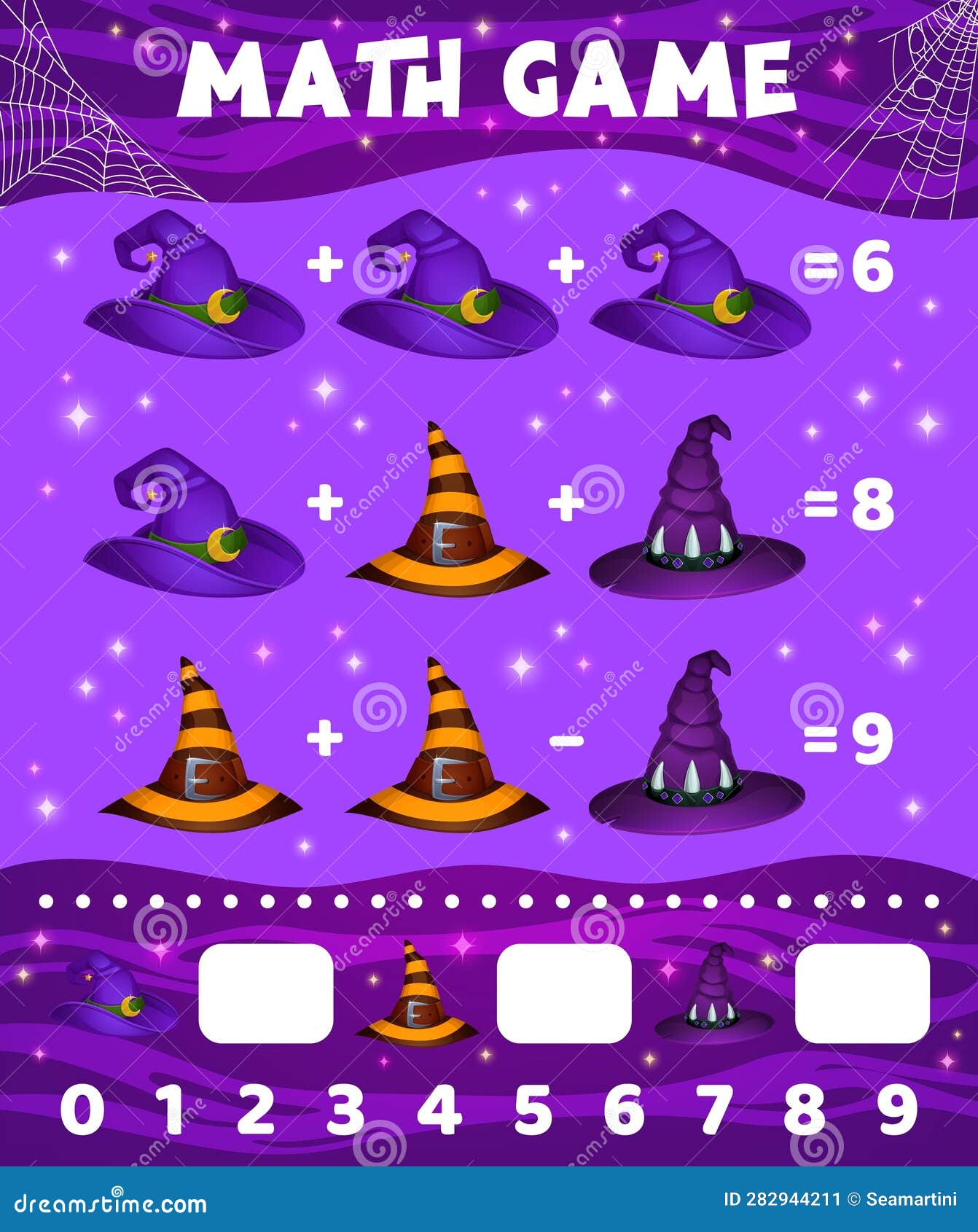 Math Game Worksheet Cartoon Witch and Wizard Hats Stock Vector ...