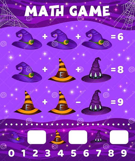 Math Game Worksheet Cartoon Witch and Wizard Hats Stock Vector ...