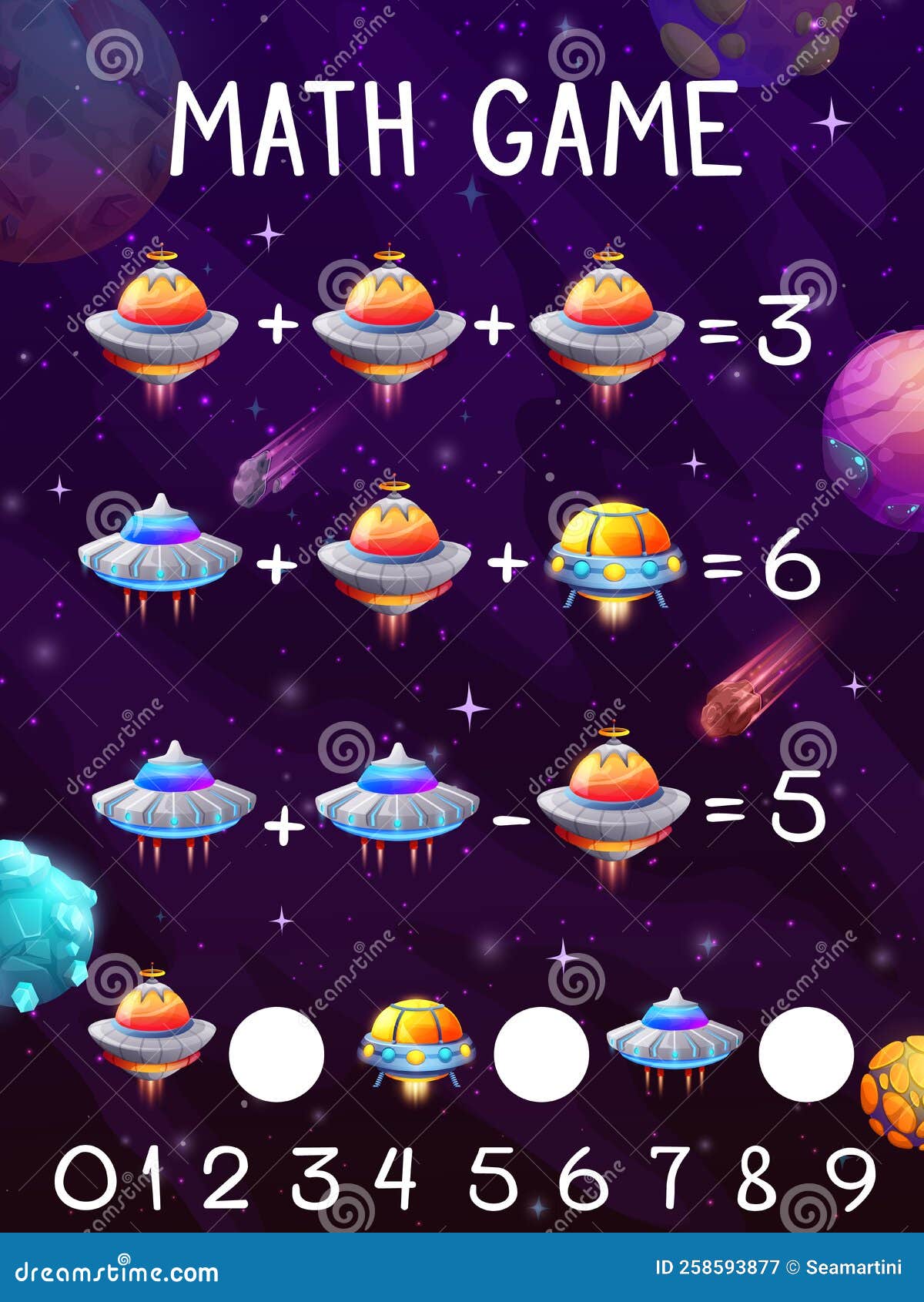 Math Game Worksheet, Galaxy Space and Alien UFO Stock Vector ...