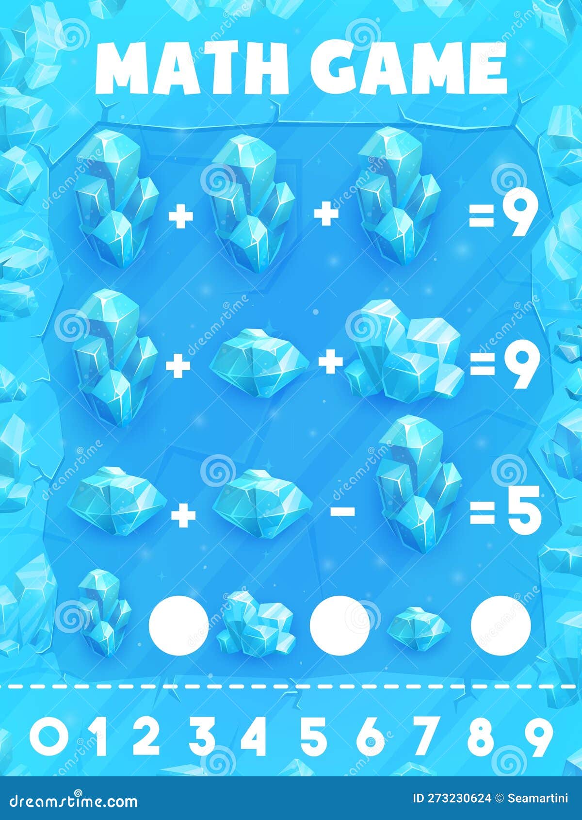 Math Game Worksheet, Ice Crystals and Cubes Stock Vector - Illustration ...