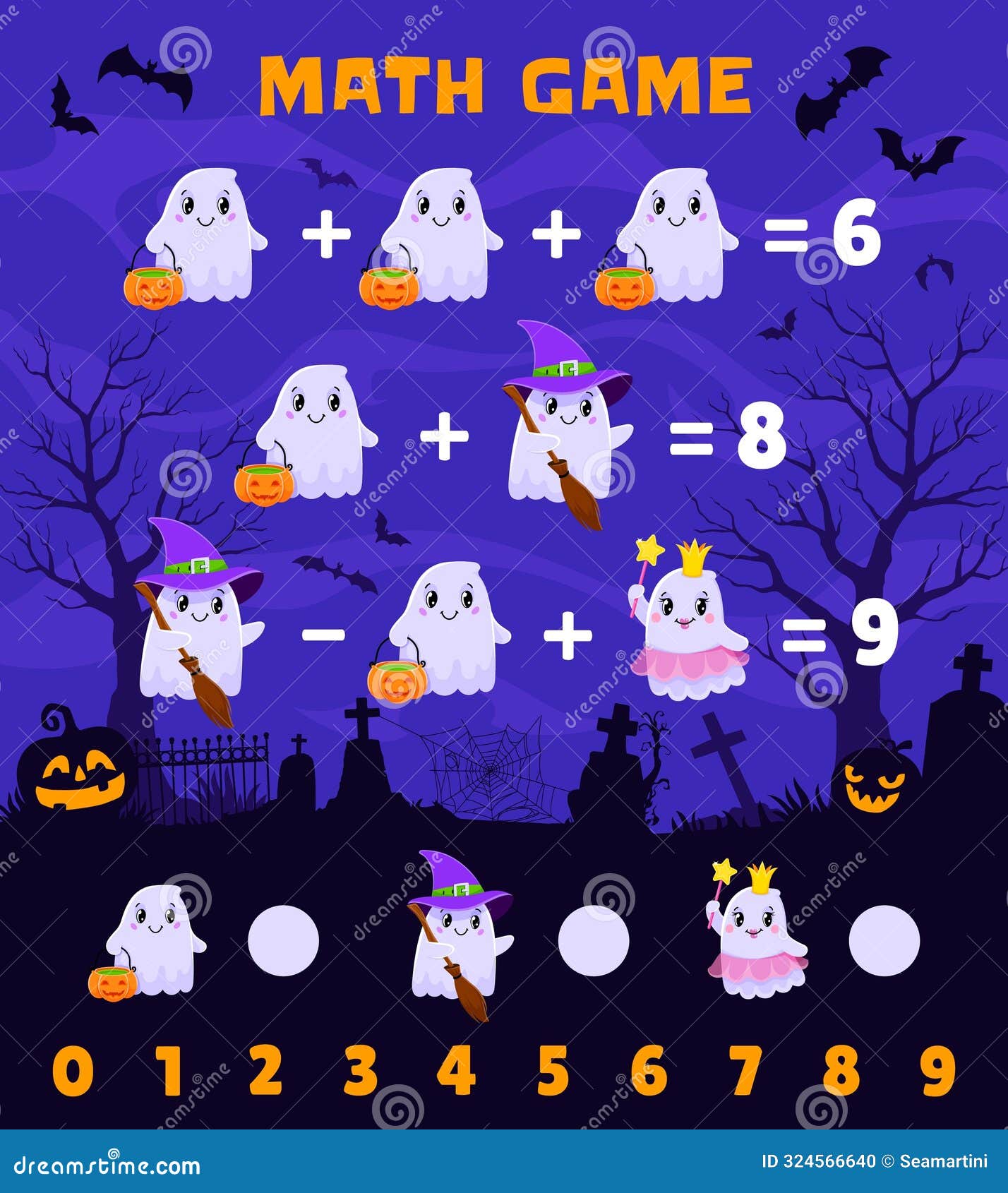 Math Game Worksheet with Kawaii Ghost Characters Stock Illustration ...
