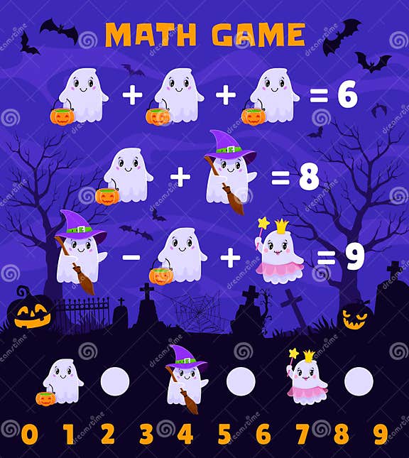 Math Game Worksheet with Kawaii Ghost Characters Stock Illustration ...