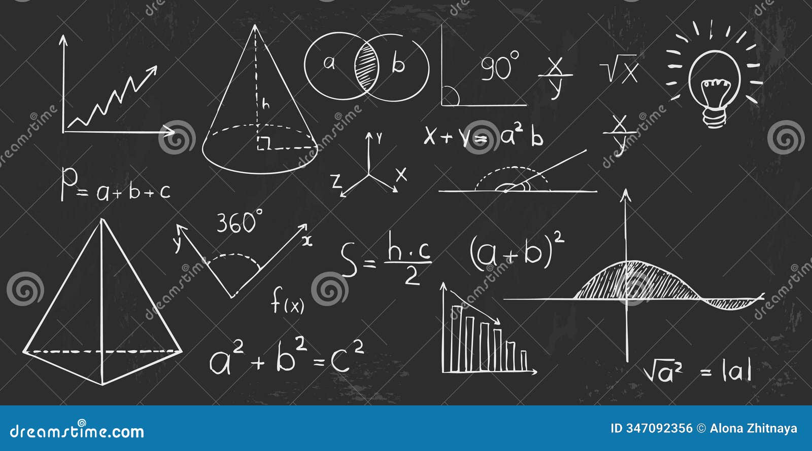 Math Geometry Graph and Shapes on Blackboard Background. Set Science ...