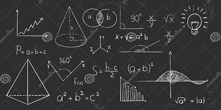 Math Geometry Graph and Shapes on Blackboard Background. Set Science ...