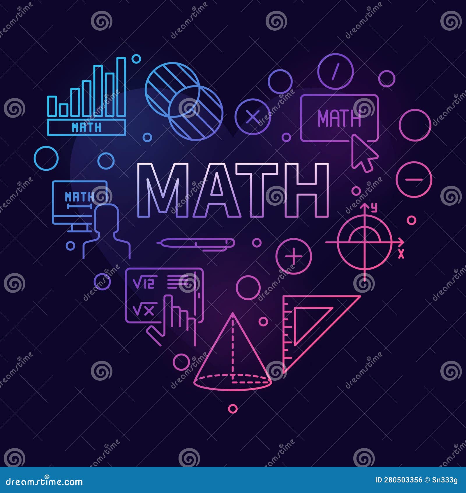 Math Heart Vector Concept Colored Linear Banner. Math Heart Shaped ...