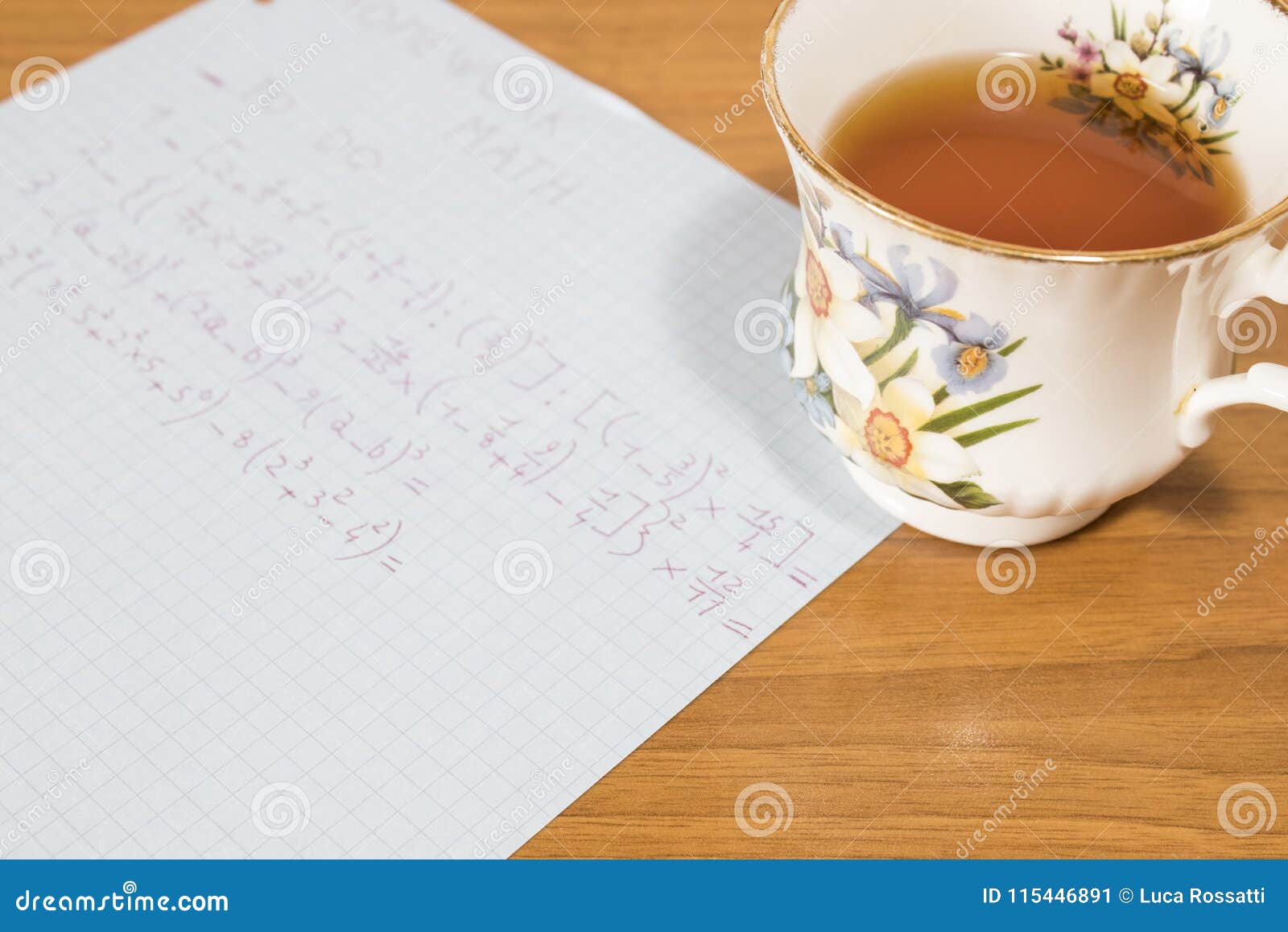 Math Homework with a Hot Cup of Tea on a Wood Table Stock Image - Image ...
