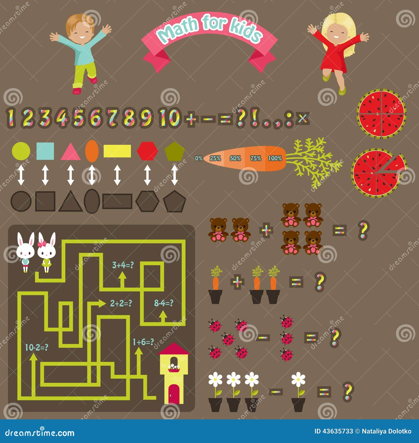 Math for Kids. Colorful Cute Web Icons Stock Vector - Illustration of ...