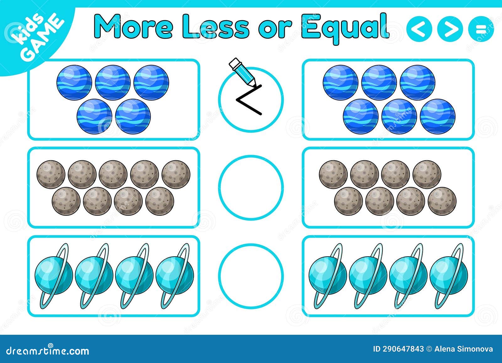 Math Kids Game More less or Equal with Planets Stock Illustration ...