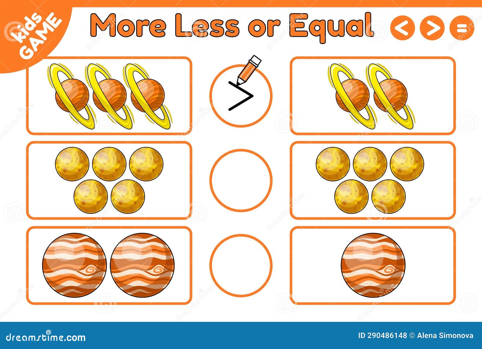 Math Kids Game More less or Equal with Planets Stock Vector ...