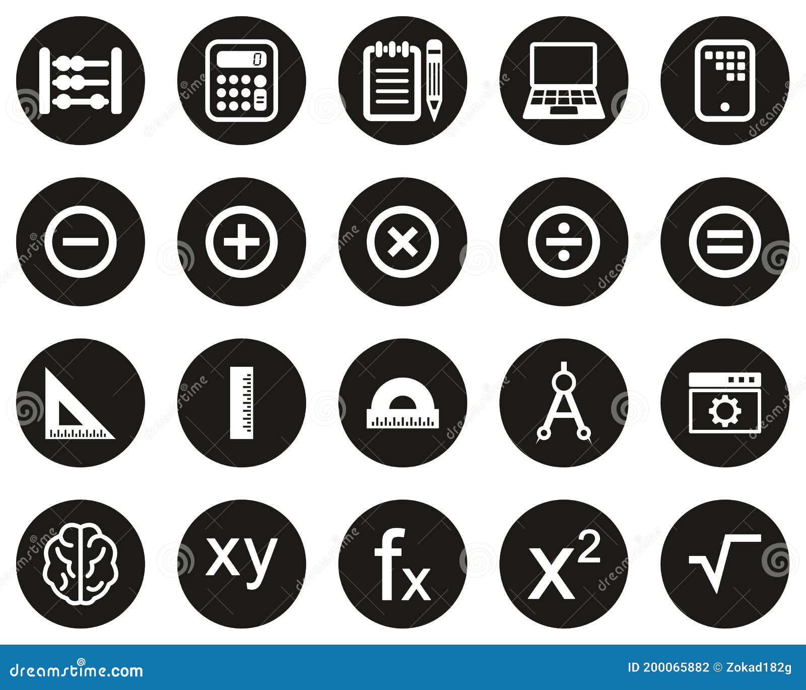 Math or Math Science Icons White on Black Flat Design Circle Set Big ...