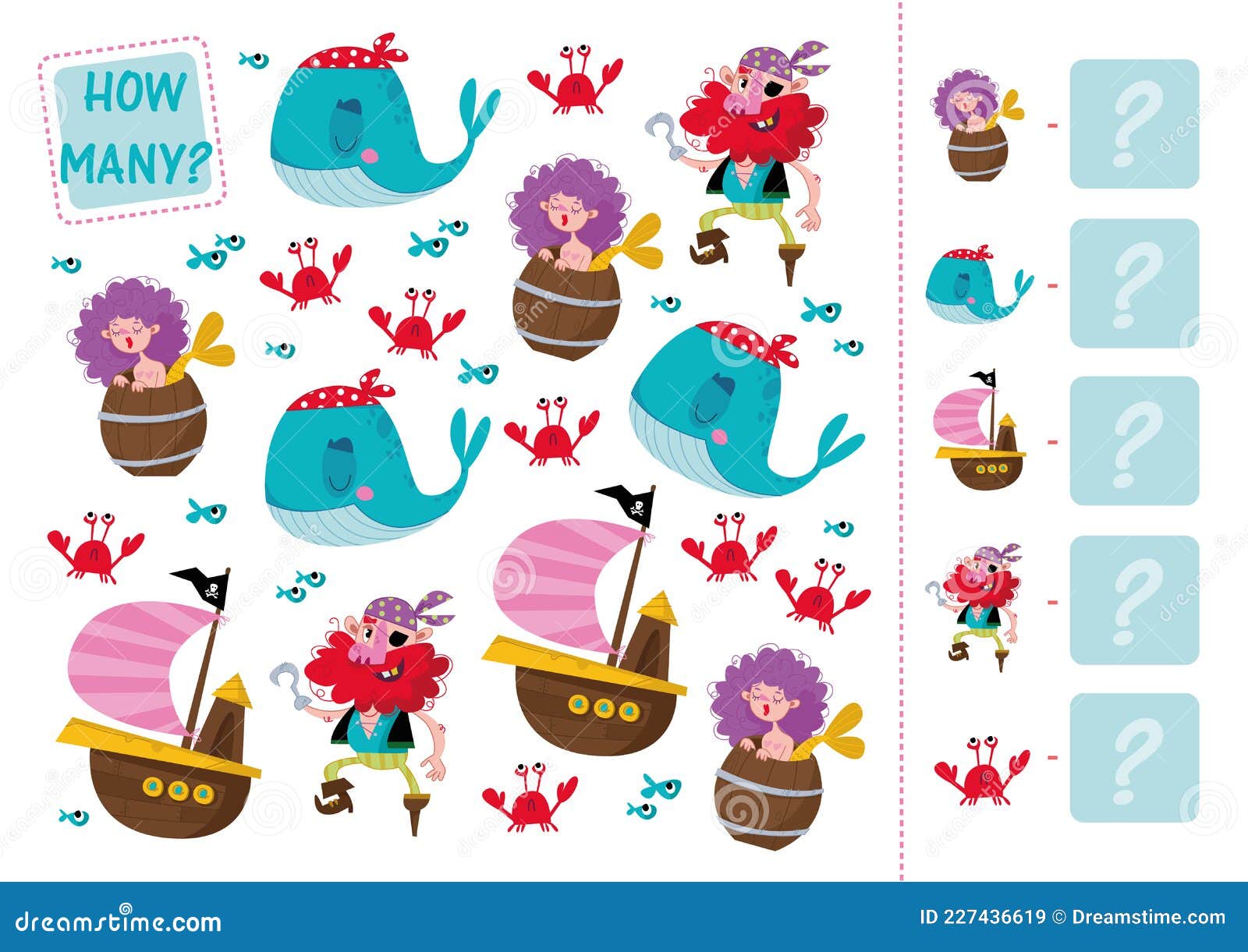 Math Mini-game with Pirate, Mermaid and Ship. Count How Many Characters ...