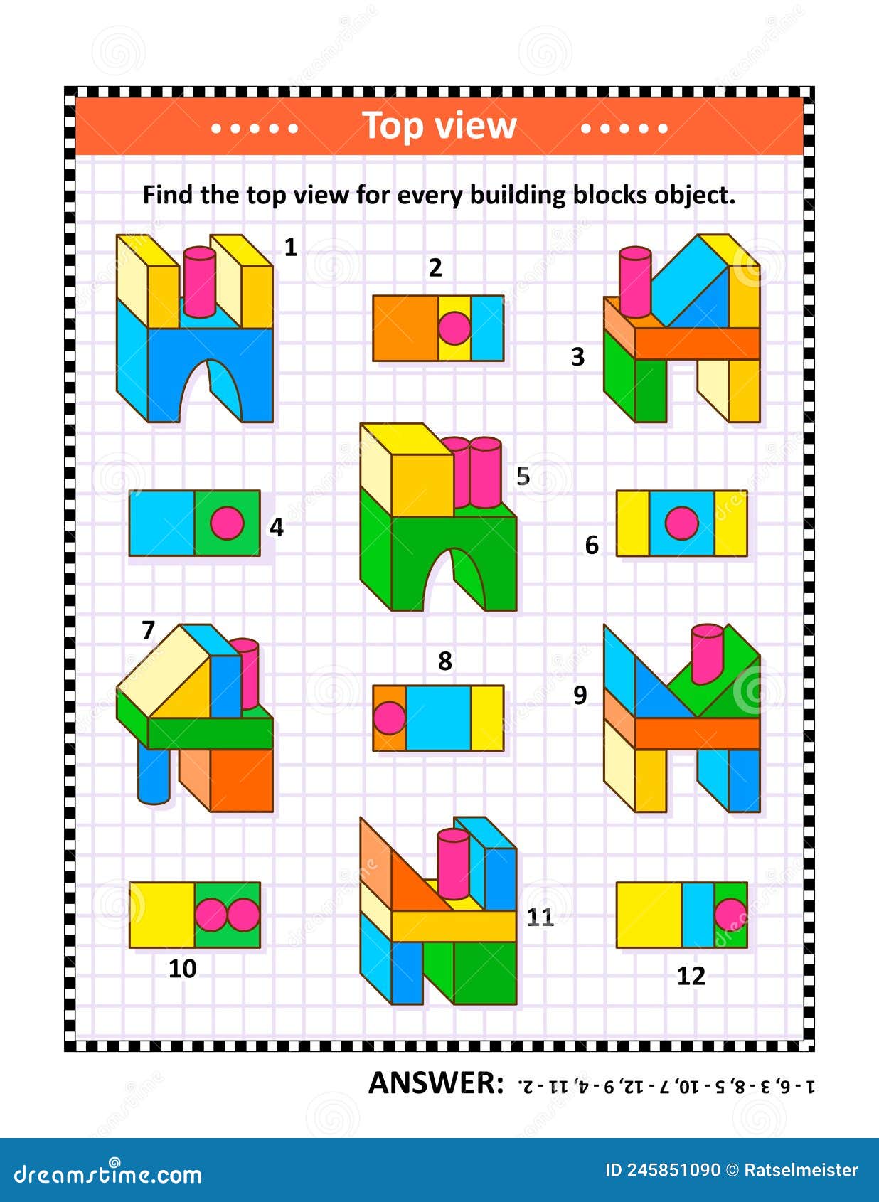 Math Puzzle: Find The Top View For Every Building Blocks Object. Answer ...