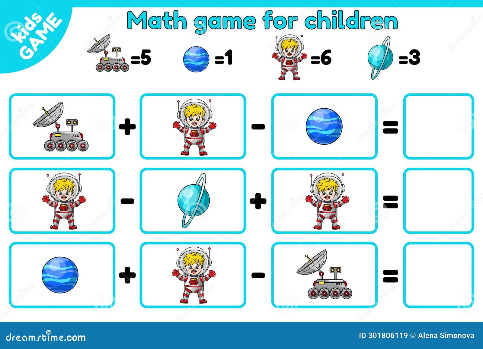 Math Puzzle Game for Kids Cartoon Space Objects Stock Vector ...