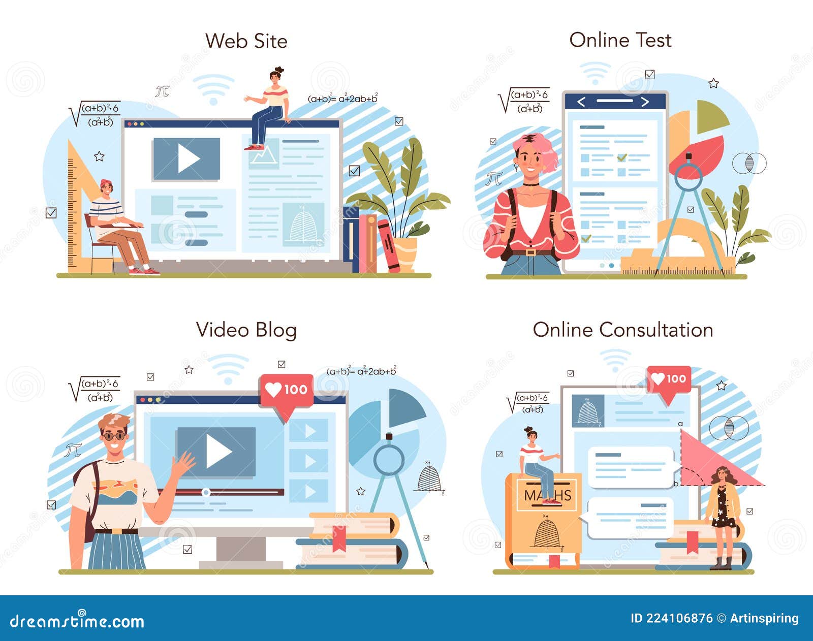 Math School Subject Online Service or Platform Set. Students Studying ...