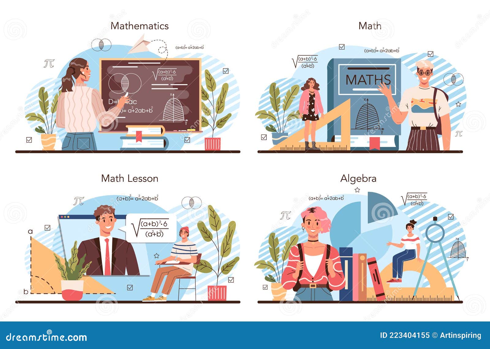 Math School Subject Set. Students Studying Mathematics and Algebra ...