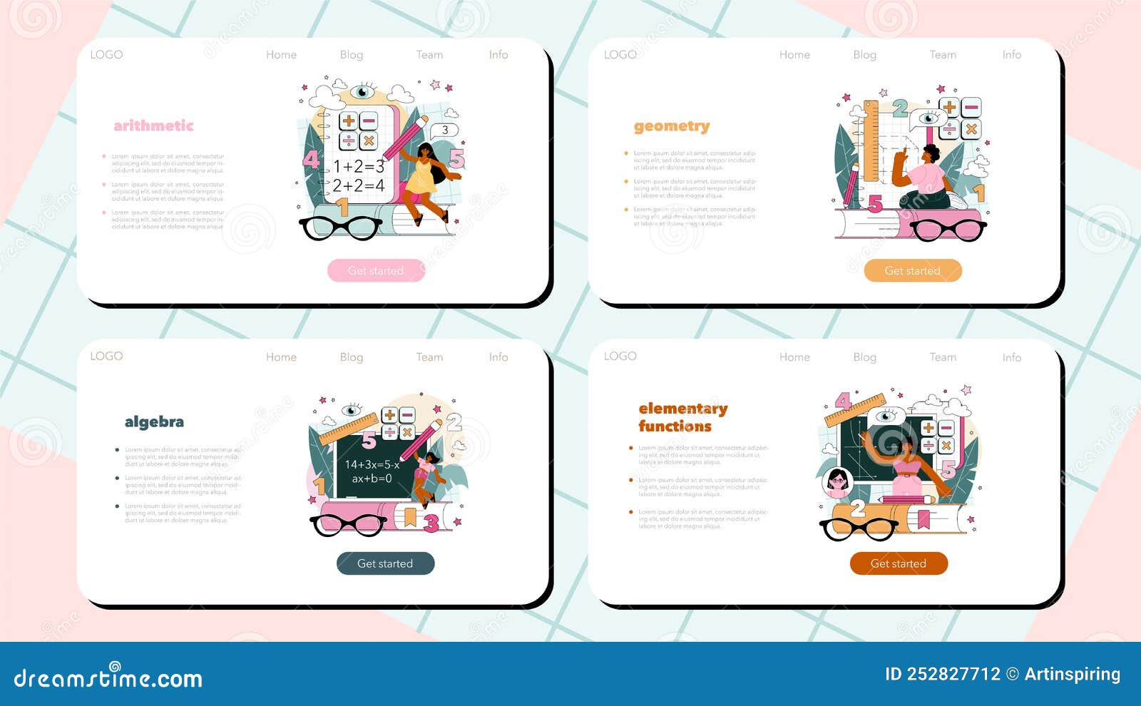 Math School Subject Web Banner or Landing Page Set. Students Studying ...