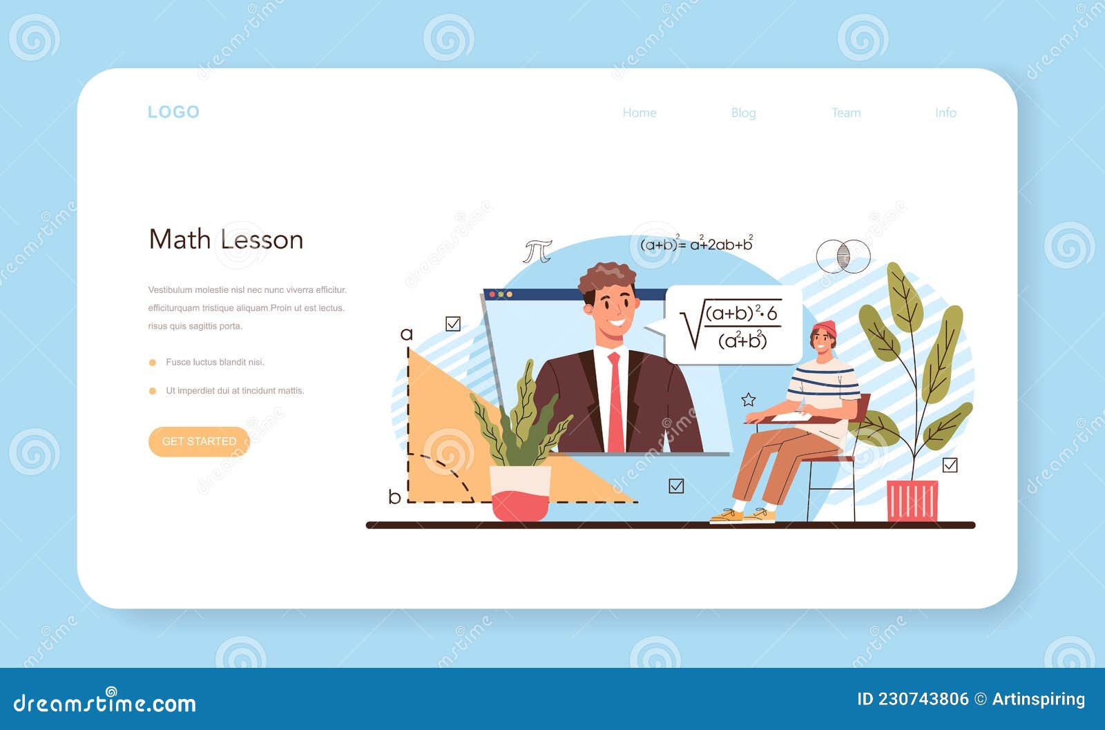 Math School Subject Web Banner or Landing Page. Students Studying Stock ...