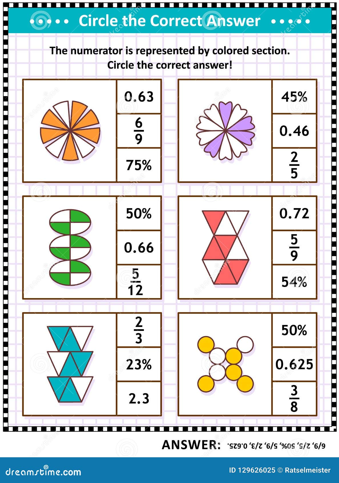 Math Skills Training Puzzle or Worksheet with Visual Fractions Stock ...