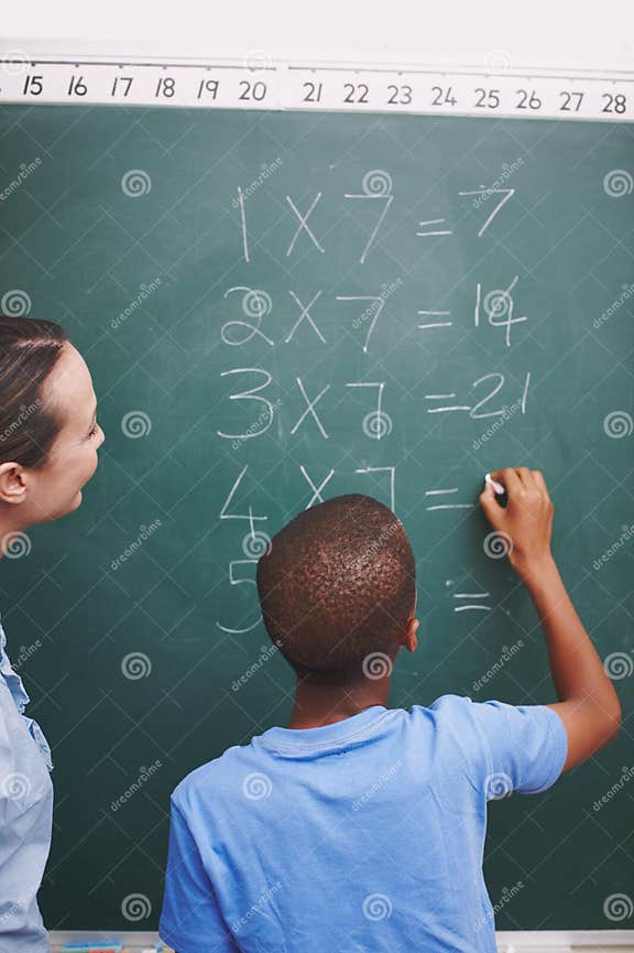 Math, Teacher and Boy Writing on Chalkboard in Classroom for Solving ...