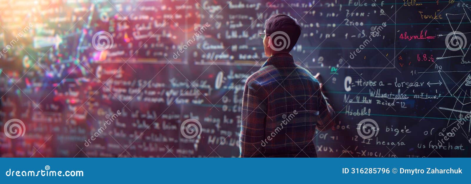 Math Teacher Explaining Equations on a Blackboard, Surrounded by ...