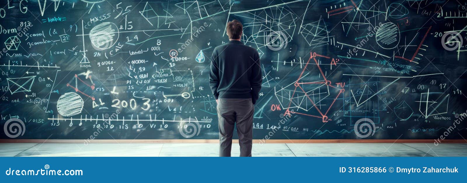 Math Teacher Explaining Equations on a Blackboard, Surrounded by ...