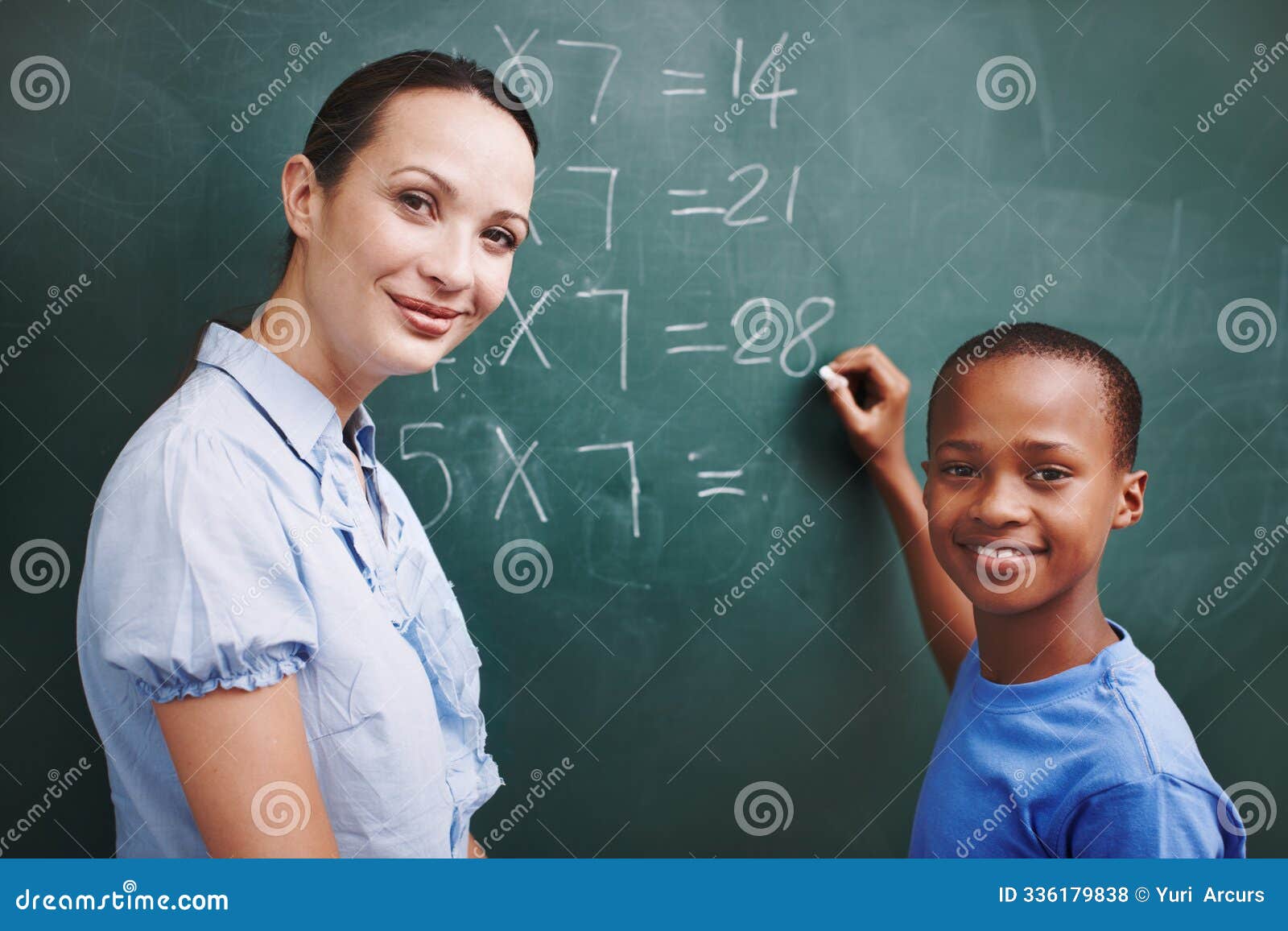 Math, Teacher and Student Portrait at Chalkboard in Classroom for ...