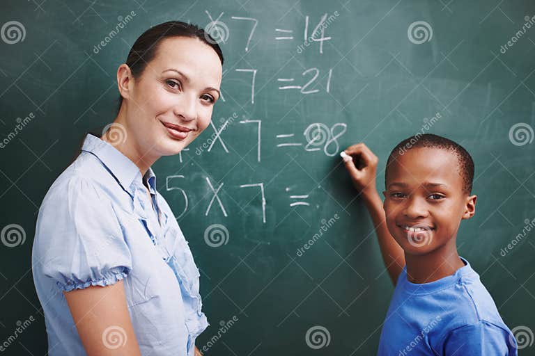 Math, Teacher and Student Portrait at Chalkboard in Classroom for ...