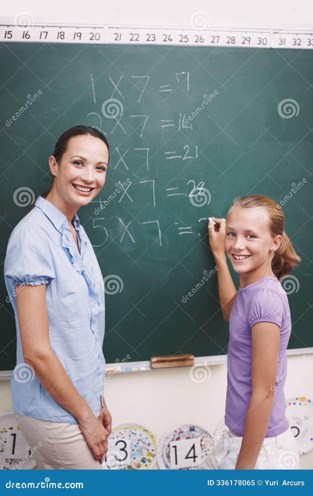Math, Teacher and Student Portrait at Chalkboard in Classroom for ...