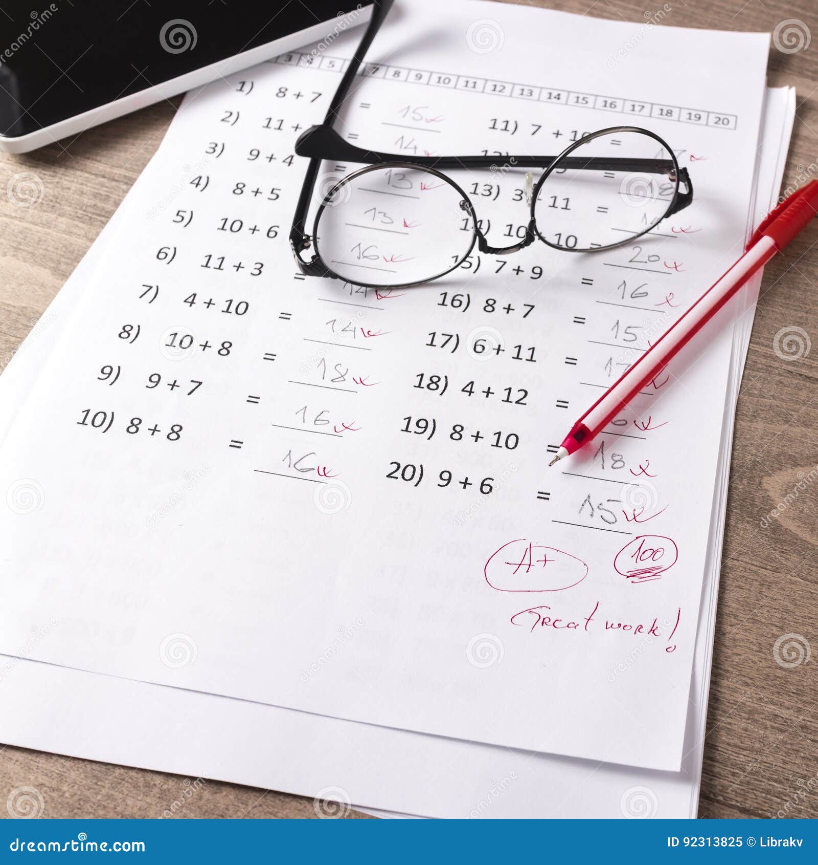 Math Test on Teacher Desk stock image. Image of skill - 92313825