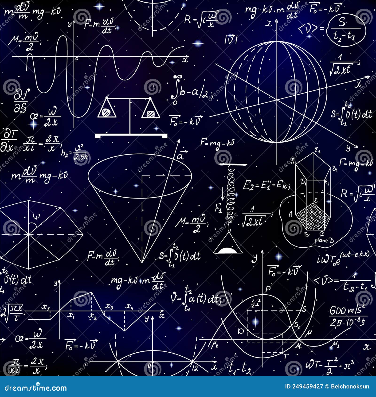 Math Vector Seamless Pattern with Handwritten Plots and Spheres ...