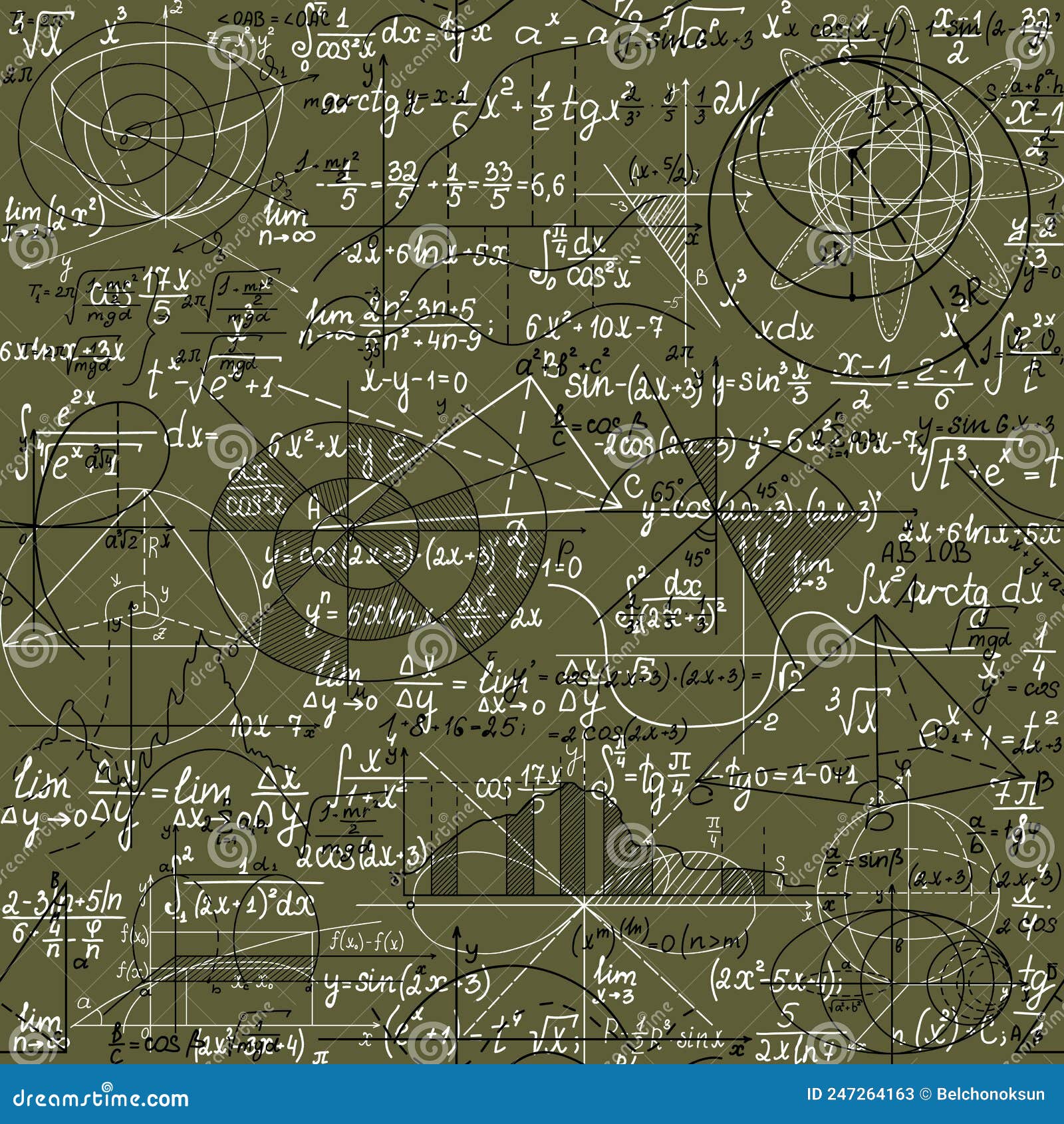 Math Vector Seamless Pattern Made of Handwritten Formulas on Green ...