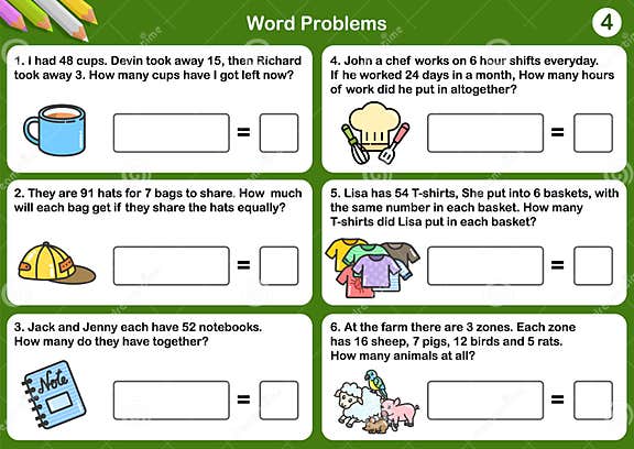Math Word Problem Worksheets - Sheet for Exam and Testing. Stock Vector ...