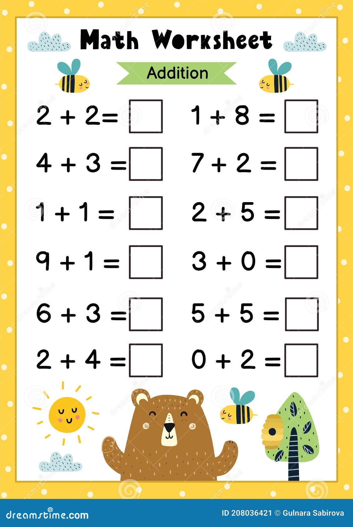 Math Worksheet for Kids. Addition Stock Vector - Illustration of ... Math Worksheet for Kids. Addition Stock Vector - Illustration of ...