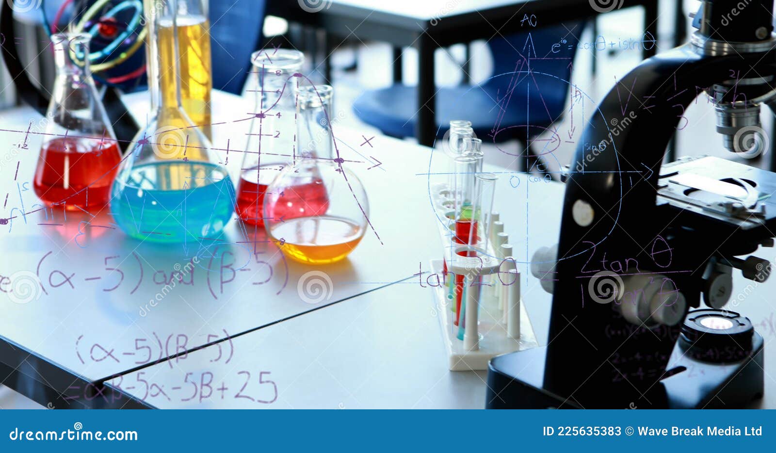 Mathematical Equations Floating Against Laboratory Equipment Stock ...