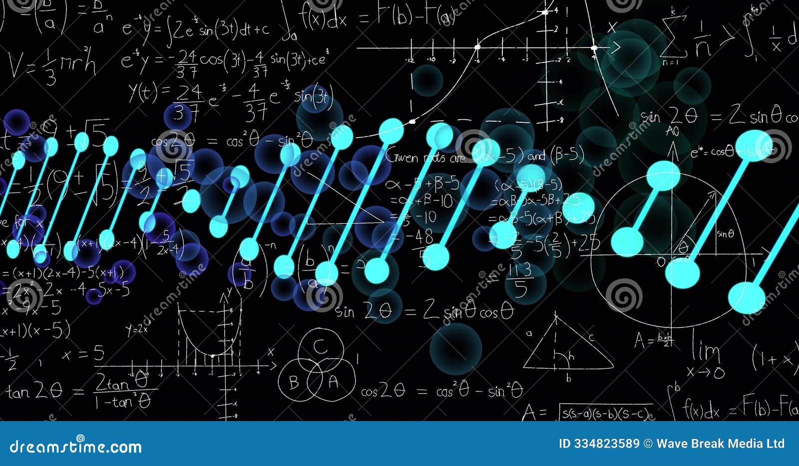 Mathematical Equations and Graphs with DNA Strand Image Over Black ...