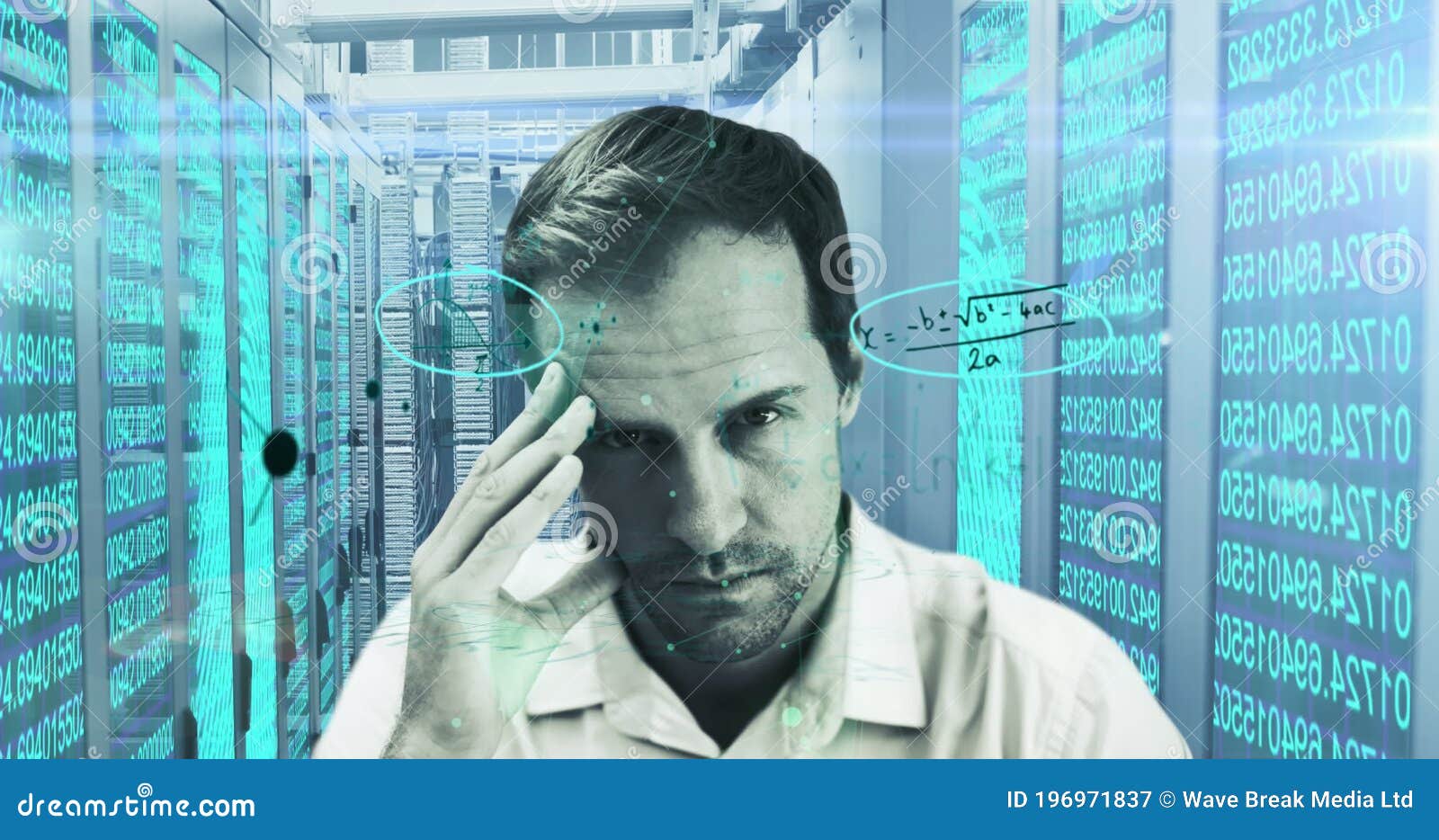 Mathematical Equations Over Man Thinking in Computer Server. Stock ...