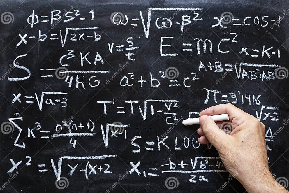 Mathematical Equations and Physics Formulas Handwritten on Blackboard ...