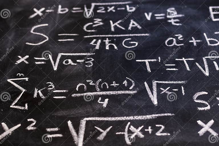 Mathematical Equations and Physics Formulas Handwritten on Blackboard ...