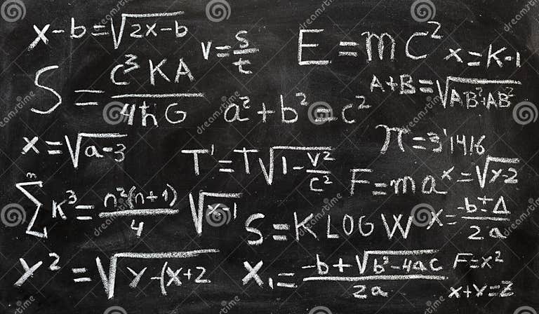 Mathematical Equations and Physics Formulas Handwritten on Blackboard ...