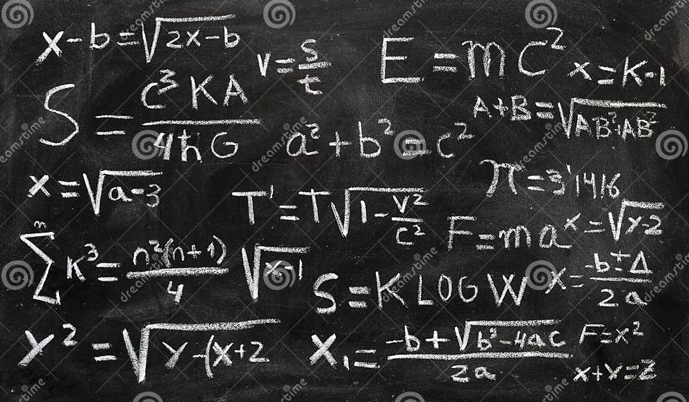 Mathematical Equations and Physics Formulas Handwritten on Blackboard ...
