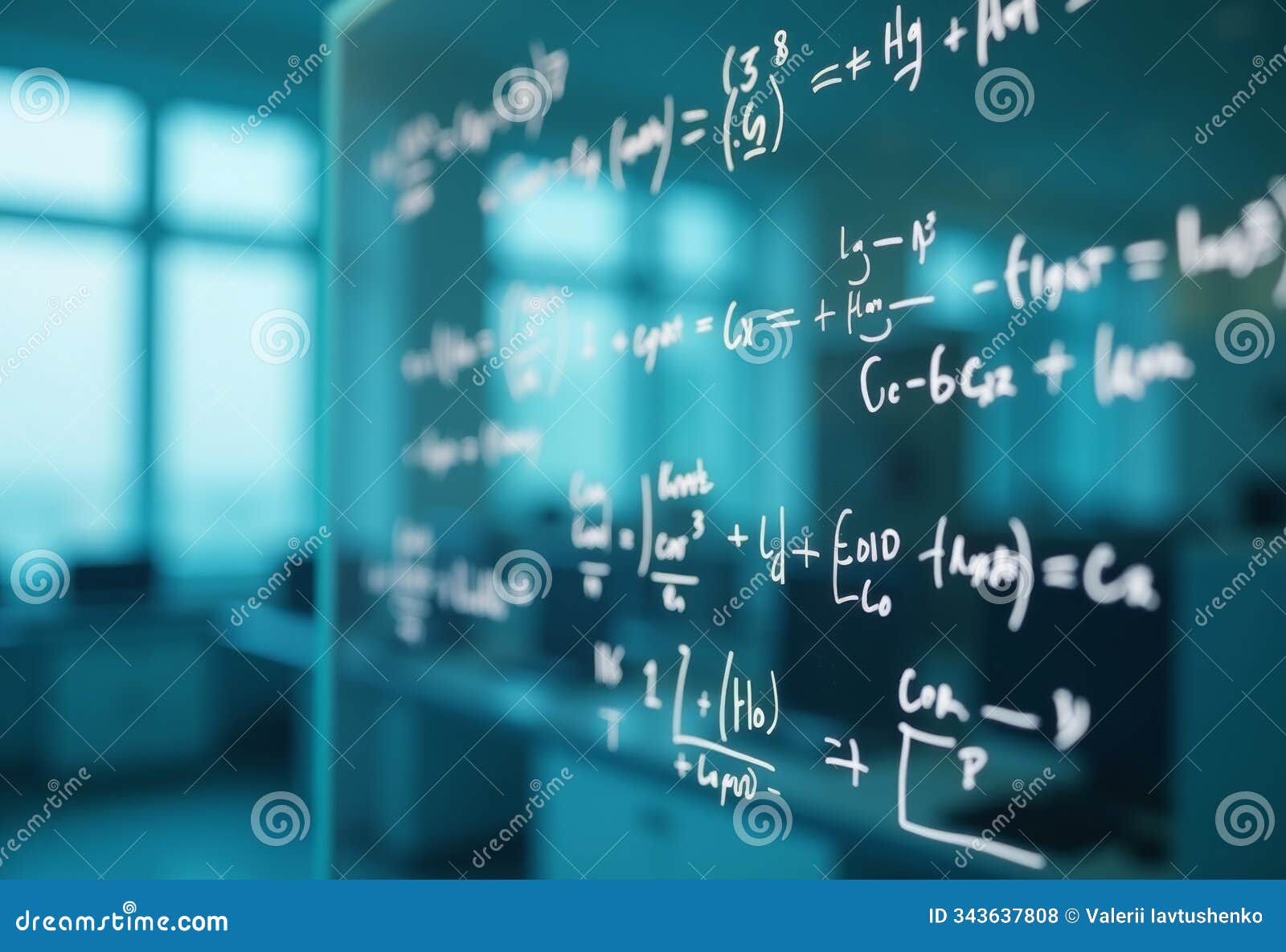 Mathematical Equations Written on a Glass Whiteboard in a Bright Office ...
