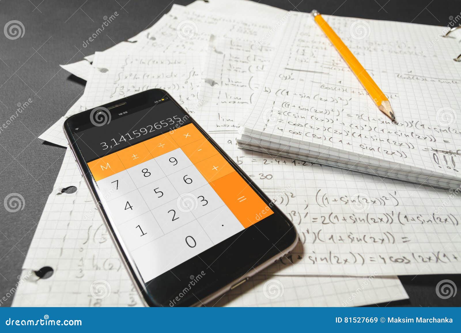 Mathematical Equations Written in a Notebook. Calculator App. Stock ...