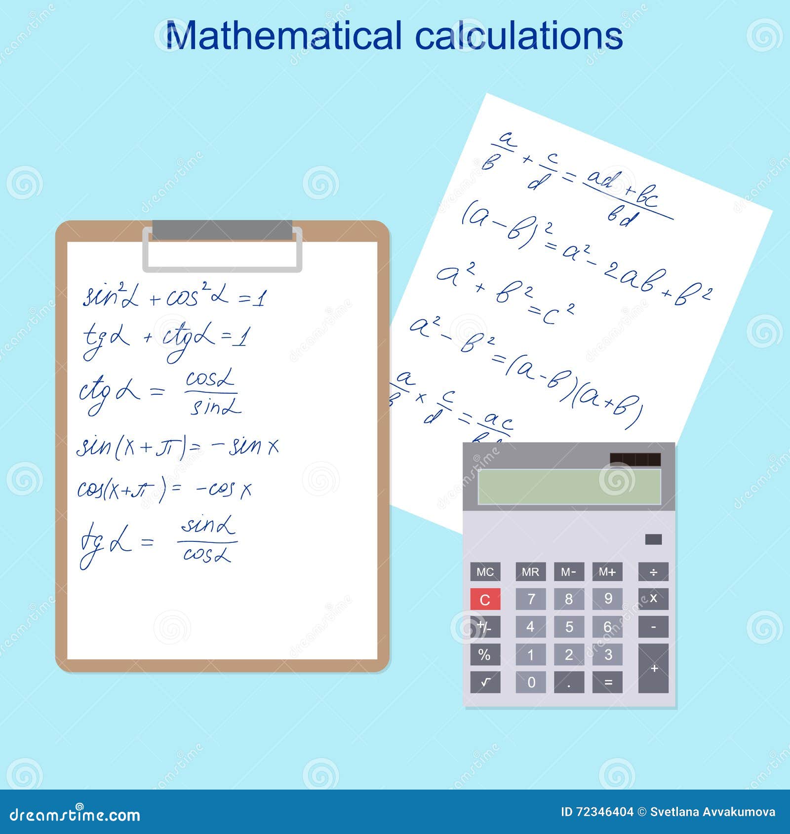 The Mathematical Formulas. Calculator, Tablet and White Paper Stock ...