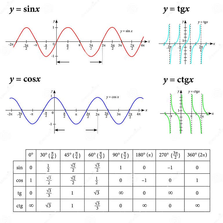 Mathematical Functions Sine, Cosine, Tangent and Cotangent Stock Vector ...