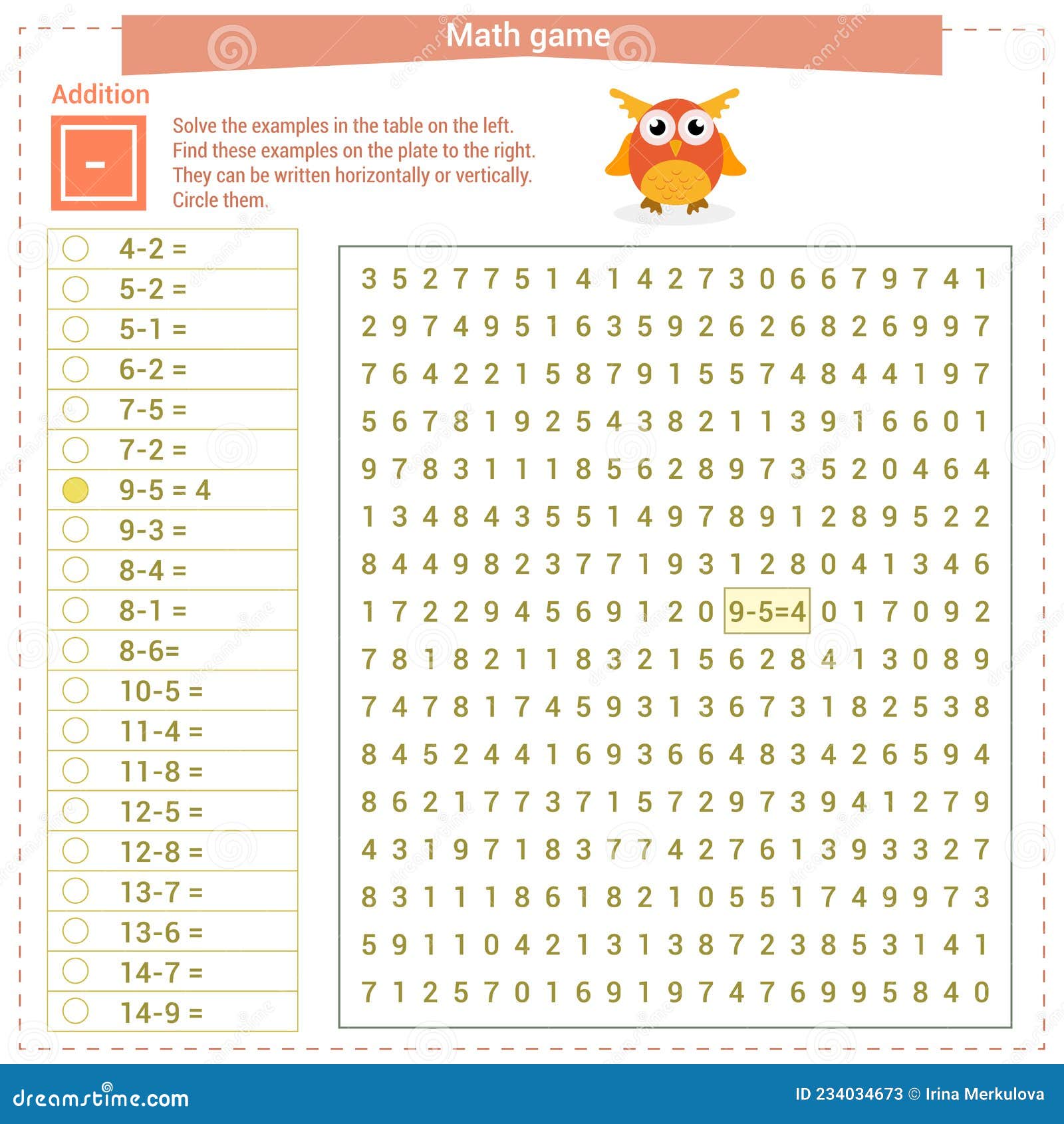 Mathematical Game. Solve the Examples on the Stock Vector ...