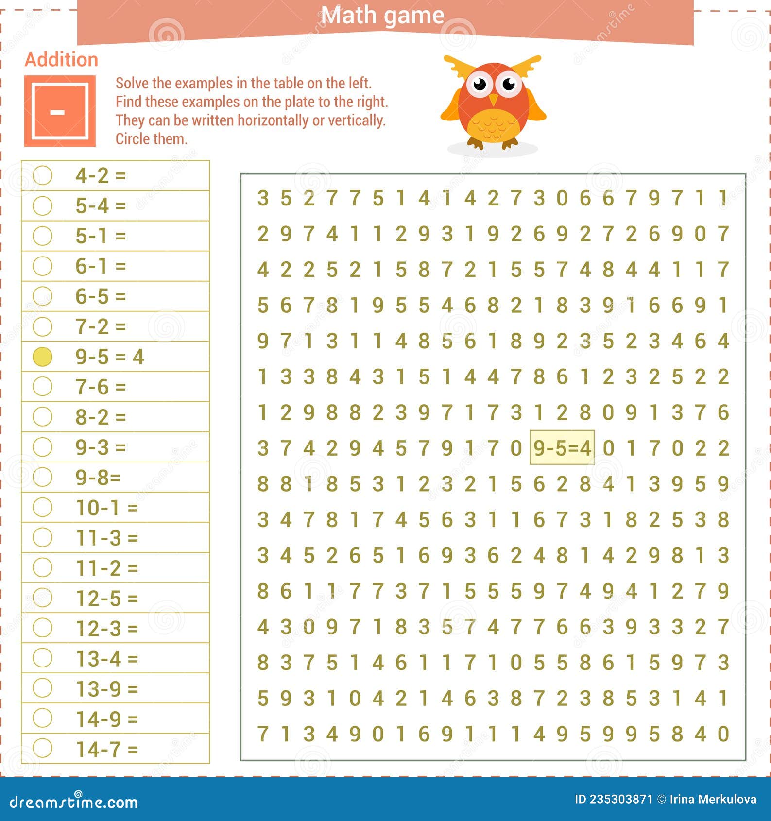 Mathematical Game. Solve the Examples on the Stock Vector ...