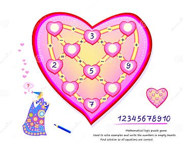 Mathematical Logic Puzzle Game. Need To Solve Examples and Write the Numbers in Empty Hearts ...