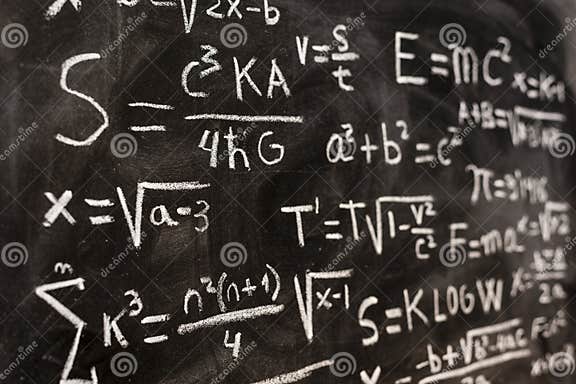 Mathematical Equations and Physics Formulas Handwritten on Blackboard ...