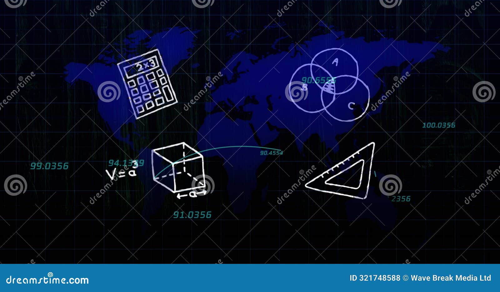 Mathematical Symbols and Diagrams are Displayed on Digital World Map ...