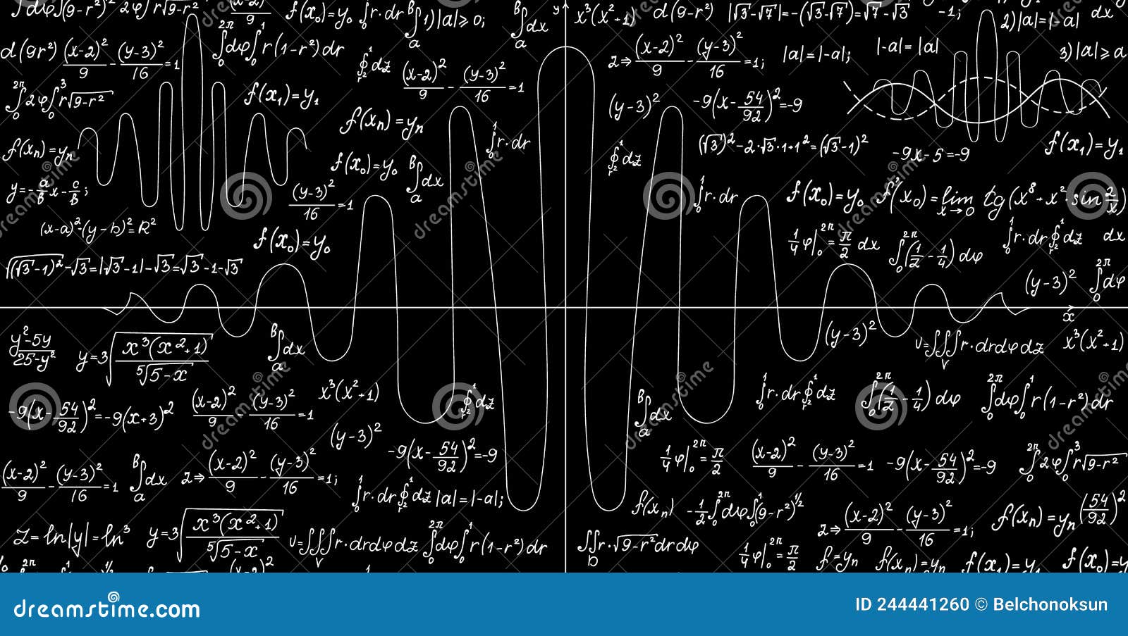 Mathematical Vector Scientific Vector Seamless Pattern with Hand Drawn Plots and Formulas ...